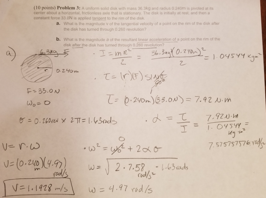Solved (10 points) Problem 3: A uniform solid disk with mass | Chegg.com