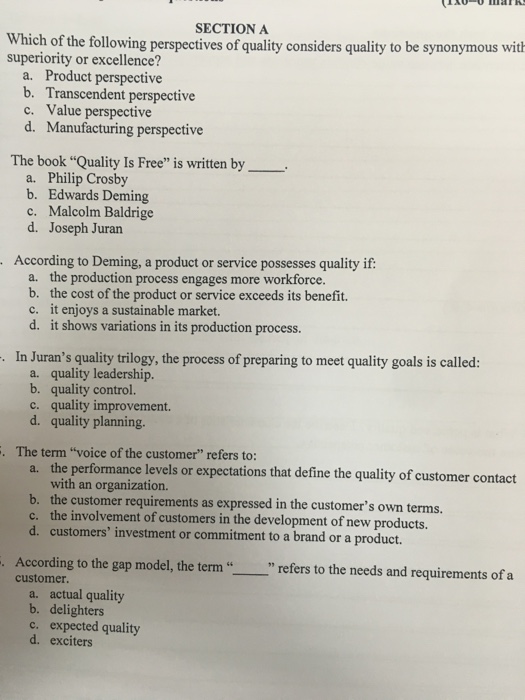 Solved Which of the following perspectives of quality | Chegg.com