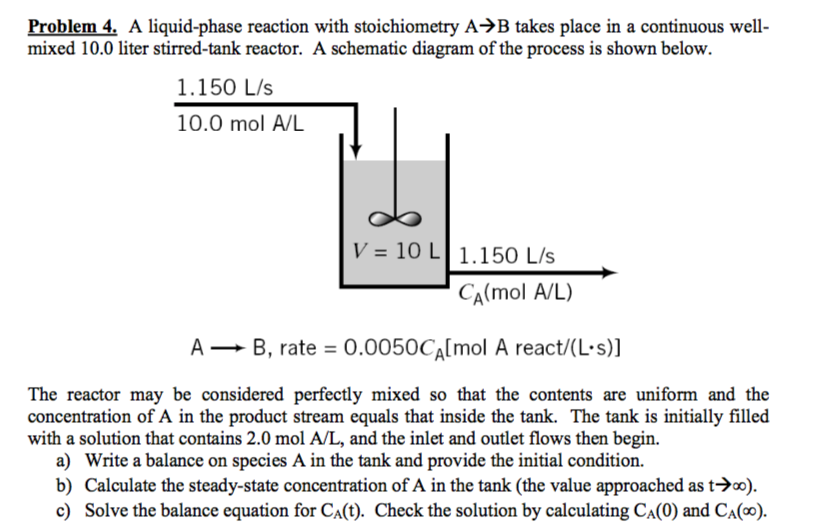 Solved Problem 4: A liquid-phase reaction with stoichiometry | Chegg.com