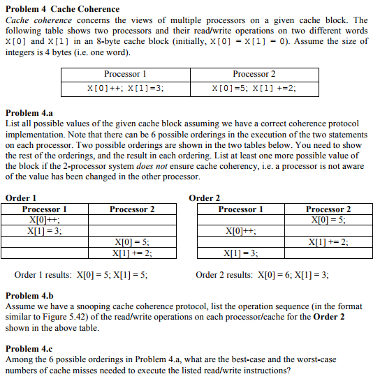 Problem 4 Cache Coherence Cache coherence concerns | Chegg.com