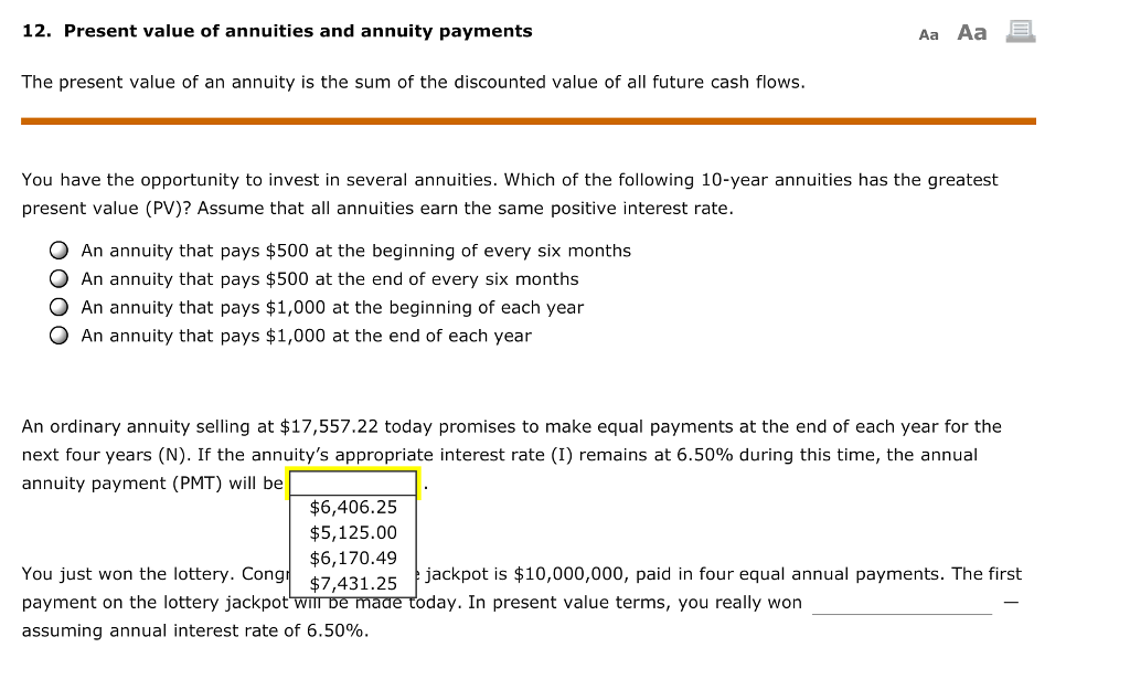 Solved Aa Aa E 12. Present value of annuities and annuity | Chegg.com