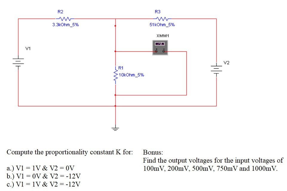 Solved R2 R3 3.3kOhm,5% 51 kOhm,5% XMM1 V1 V2 R1 10kOhrn,5% | Chegg.com