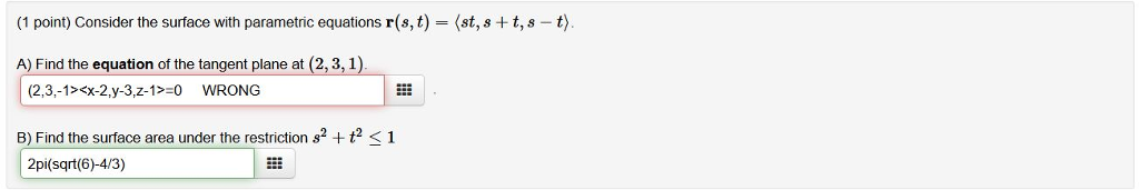 Solved (1 point) Consider the surface with parametric | Chegg.com