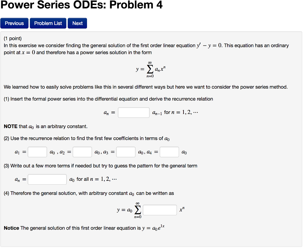 Solved Power Series ODEs: Problem 4 Previous Problem List | Chegg.com