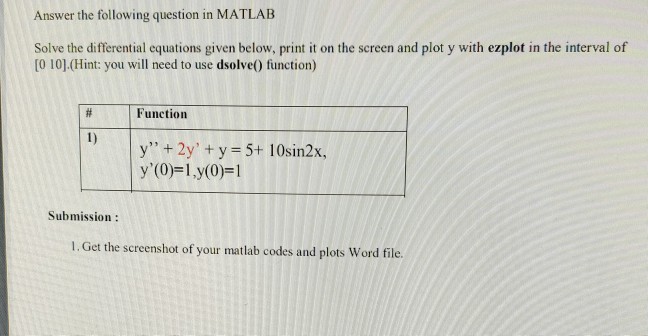 Solved Answer the following question in MATLAB Solve the | Chegg.com