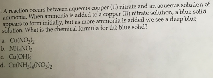 Solved A reaction occurs between aqueous copper (II) nitrate | Chegg.com