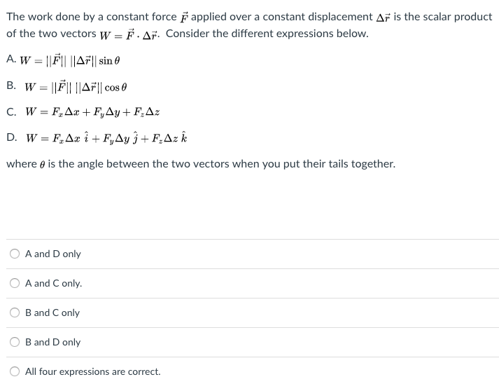 Solved The work done by a constant force F vector applied | Chegg.com