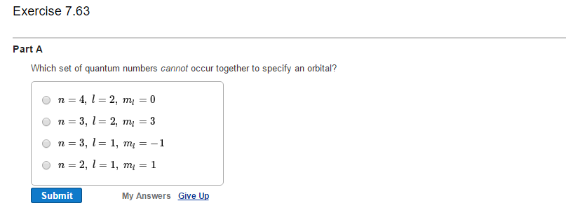 Solved Exercise 7.63 Part A Which set of quantum numbers | Chegg.com