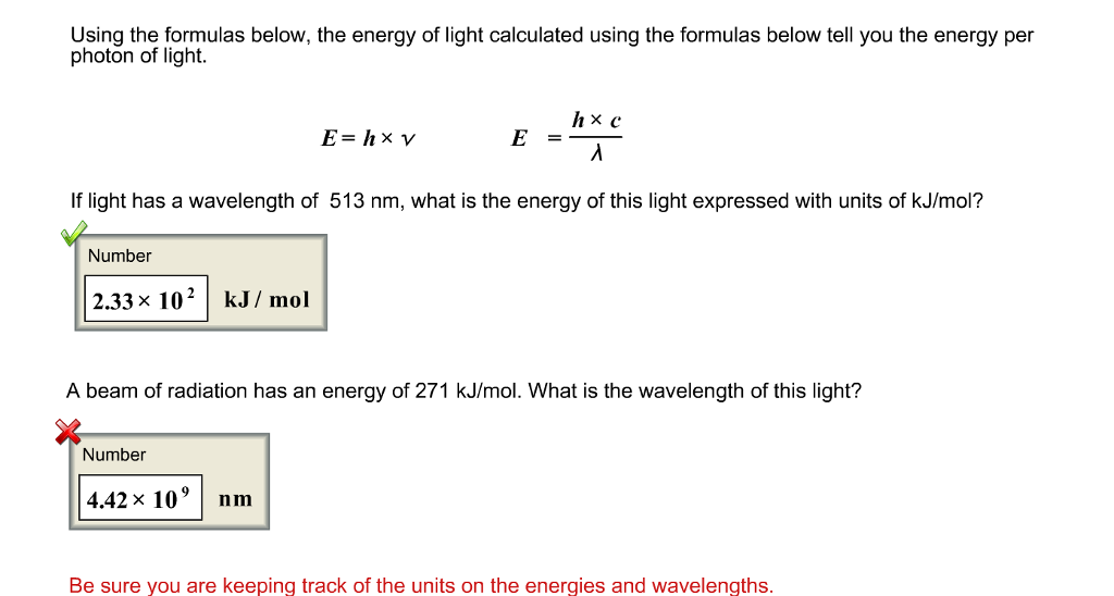 Solved Using the formulas below, the energy of light | Chegg.com