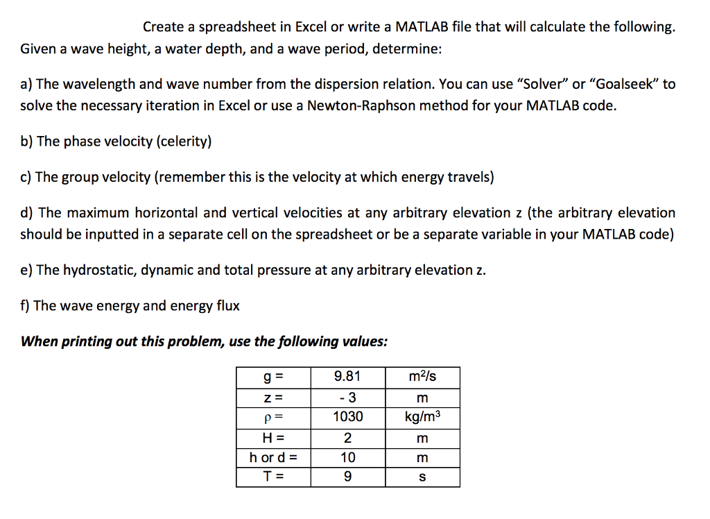 Create a spreadsheet in Excel or write a MATLAB file | Chegg.com