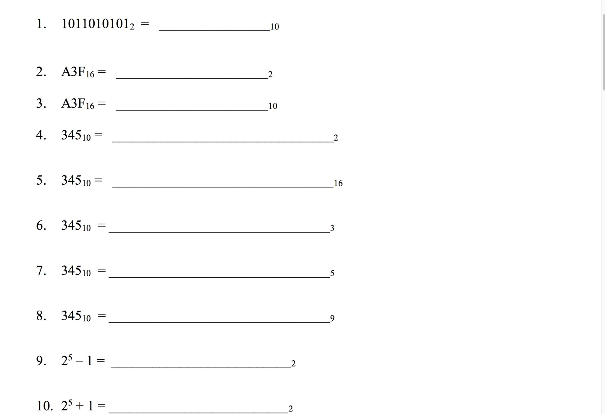 Solved 1011010101_2 = _________________ 10 A3F_16 = | Chegg.com
