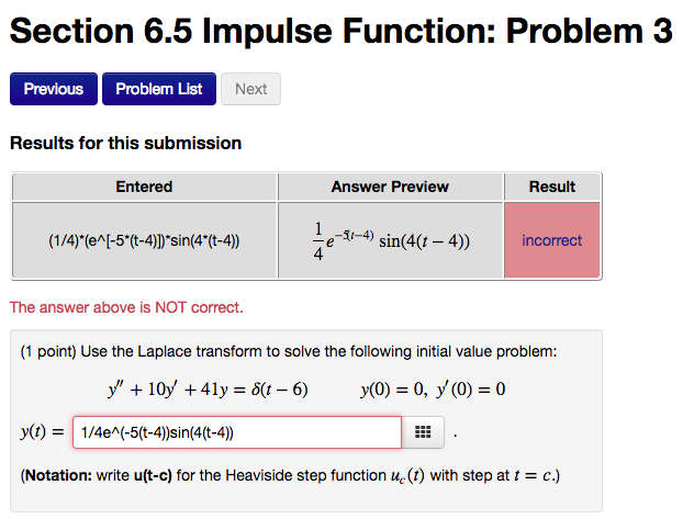 Solved Section 6.5 Impulse Function: Problem 3 Previous | Chegg.com