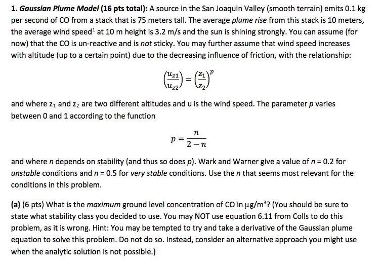 Solved 1. Gaussian Plume Model (16 pts total): A source in | Chegg.com