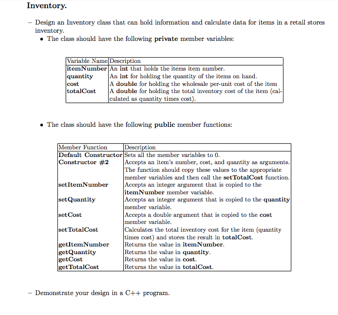 Solved Design an Inventory class that can hold information | Chegg.com