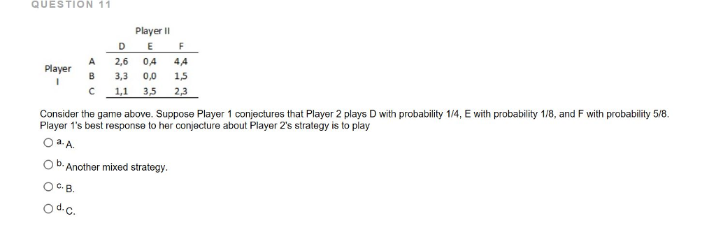 Solved QUESTION 11 Player lI D E A 2,6 0A 4A Player B 3,3 | Chegg.com