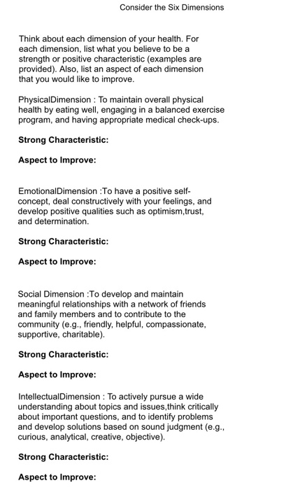 Solved Consider the Six Dimensions Think about each | Chegg.com