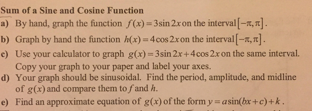Solved Sum of a Sine and Cosine Function a) By hand, graph | Chegg.com