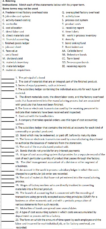 Solved A. Matching Instructions: Match each of the | Chegg.com