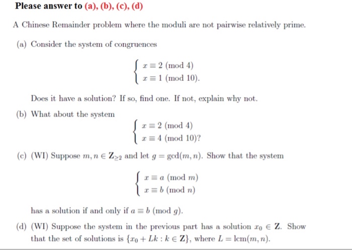 Solved A Chinese Remainder problem where the moduli are not | Chegg.com