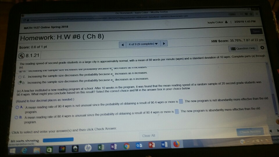 Solved MATH 1127 Online Spring 2018 kayla Coker3125118 1:43 | Chegg.com