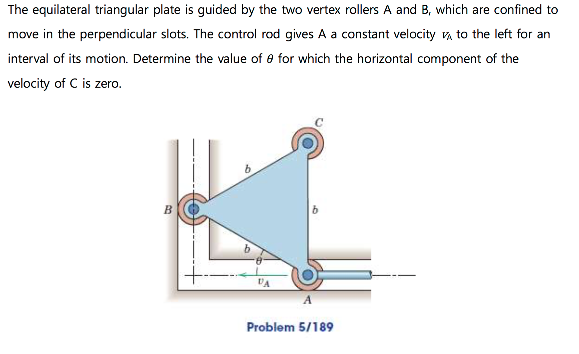 Solved The equilateral triangular plate is guided by the two | Chegg.com