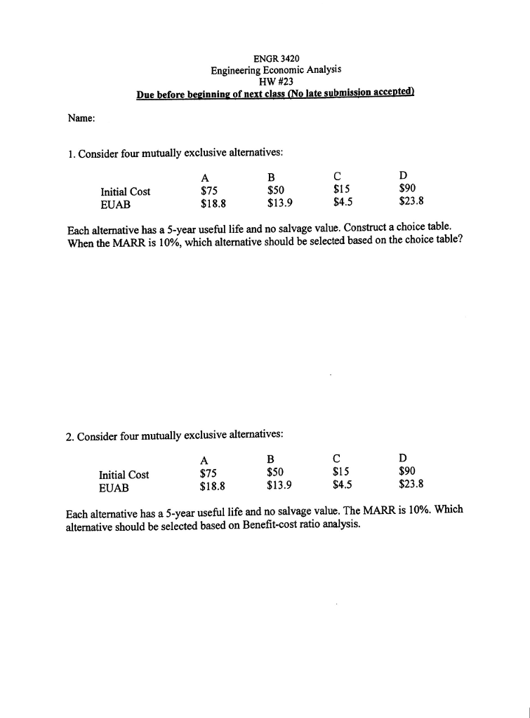Solved ENGR 3420 Engineering Economic Analysis HW #23 las ue | Chegg.com