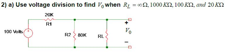 Solved 2) a) Use voltage division to find V0 when RL = | Chegg.com
