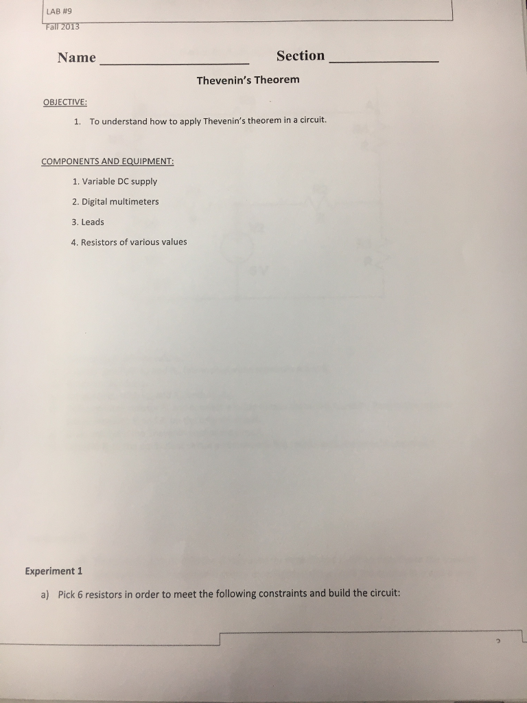 Solved LAB #9 Fall 2013 Name Section Thevenin's Theorem | Chegg.com