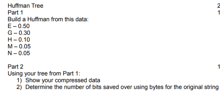 Solved Huffman Tree Part 1 Build a Huffman from this data: | Chegg.com