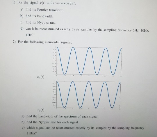 Solved 1) For the signal r(t) 2 cos 5t cos 3rt a) find its | Chegg.com
