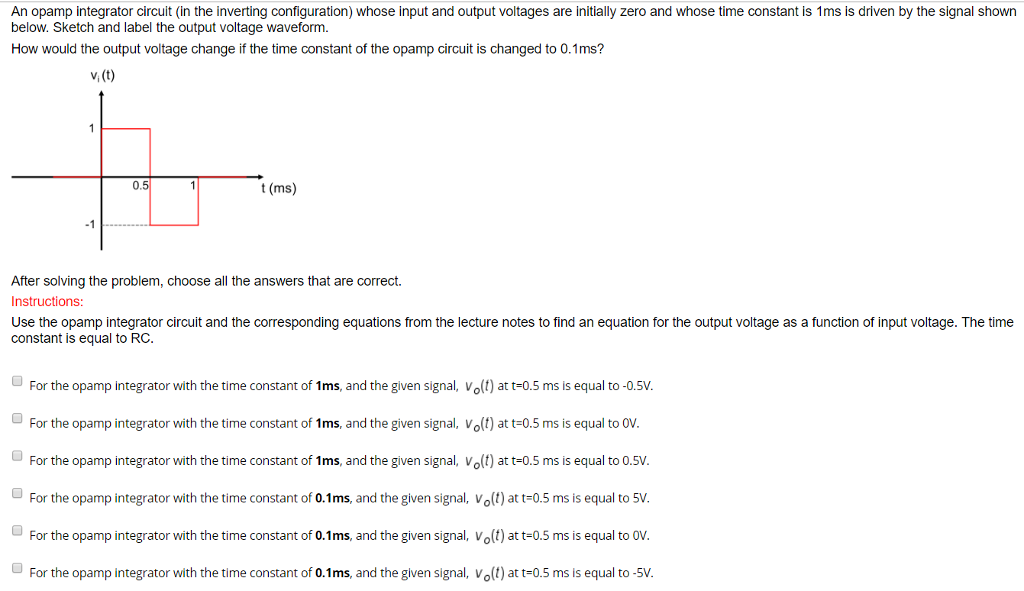Solved An opamp integrator circuit (in the inverting | Chegg.com
