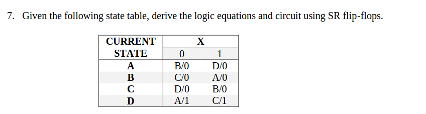 Solved 7. Given the following state table, derive the logic | Chegg.com