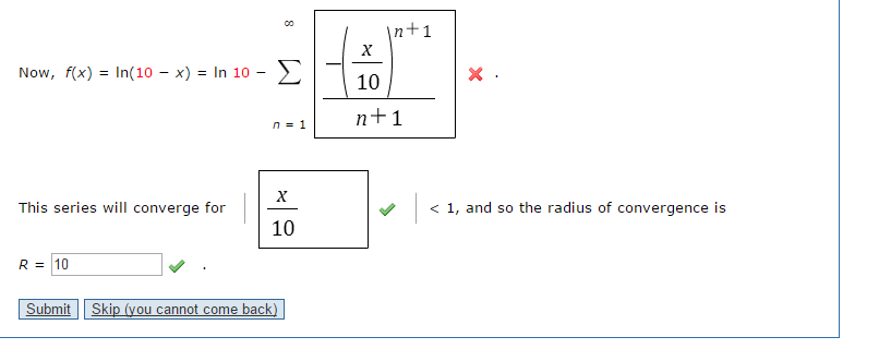 Solved Now, f(x)=ln(10-x)=ln 10- Sigma n=1 to infinite | Chegg.com