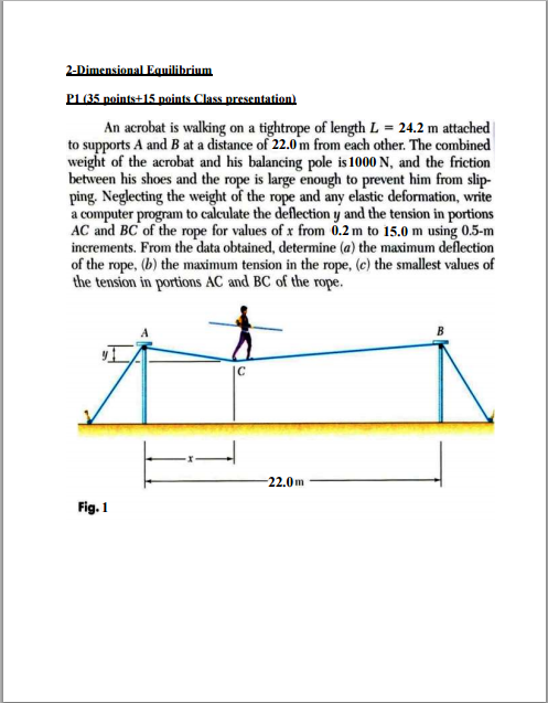 Solved 2-Dimensional Equilibrium An acrobat is walking on a | Chegg.com