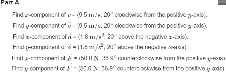 Solved Find component of v = (9.5 m/s, 20 degree clockwise | Chegg.com