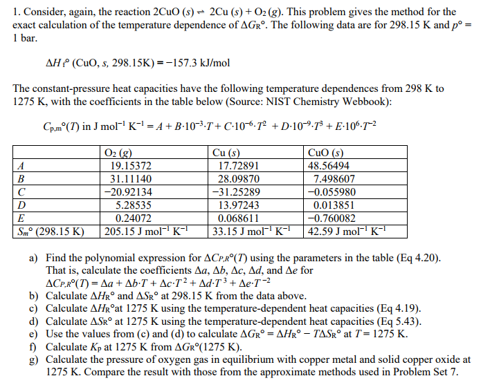 Solved 1. Consider, again, the reaction 2CuO (s) 2Cu (s) + | Chegg.com