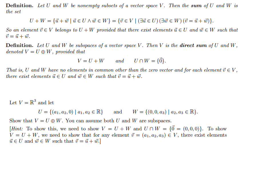 Solved Definition. Let U and W be nonempty subsets of a | Chegg.com