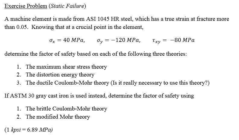 Exercise Problem (Static Failure) A machine element | Chegg.com