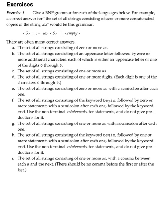 Solved Exercises Exercise 1 Give a BNF grammar for each of | Chegg.com