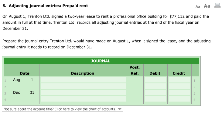 Solved 5. Adjusting journal entries: Prepaid rent Aa Aa On | Chegg.com