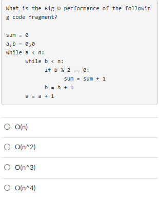 Solved what is the Big-o performance of the followin g code | Chegg.com