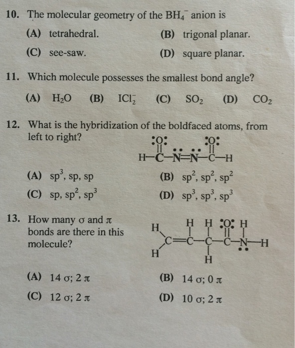 Solved 10. The molecular geometry of the BH4 anion is (B) | Chegg.com