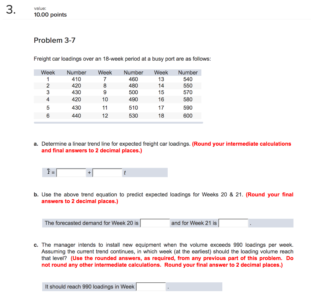 Solved 3 value 10.00 points Problem 3-7 Freight car loadings | Chegg.com