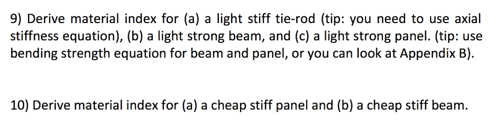 Solved 9) Derive material index for (a) a light stiff | Chegg.com