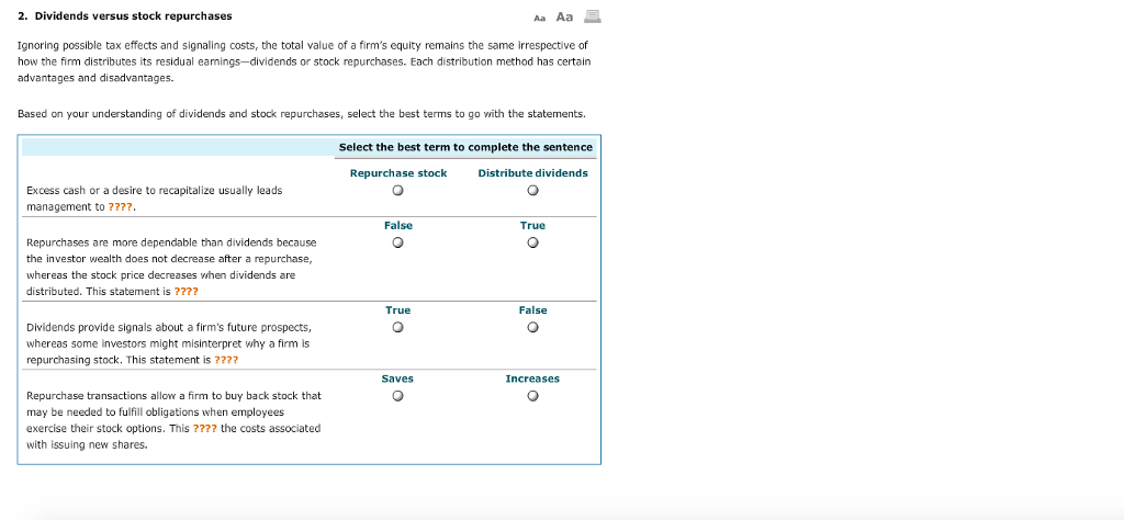 Solved 2 Dividends Versus Stock Repurchases Ignoring Chegg