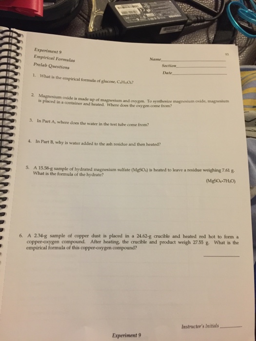 Solved Name Experiment 9 Empirical Formulas Postlab | Chegg.com