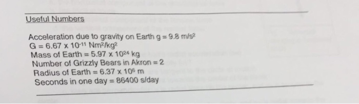 Solved Useful Numbers Acceleration due to gravity on Earth g | Chegg.com