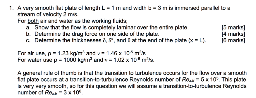 Solved 1. A very smooth flat plate of length L 1 m and width | Chegg.com