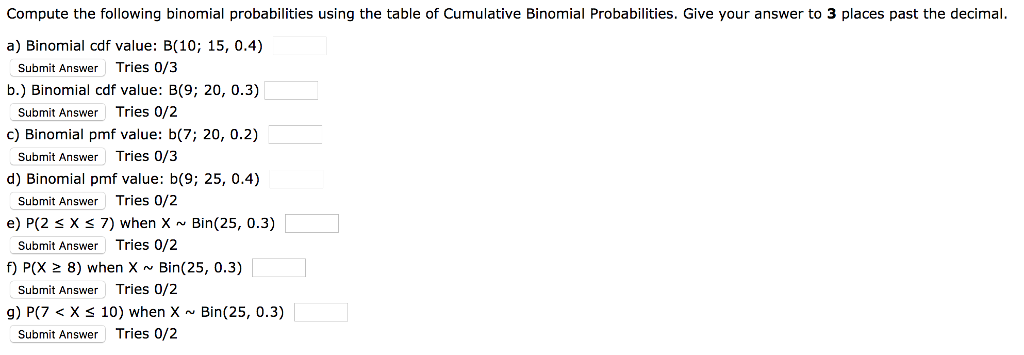 Solved Compute the following binomial probabilities using | Chegg.com