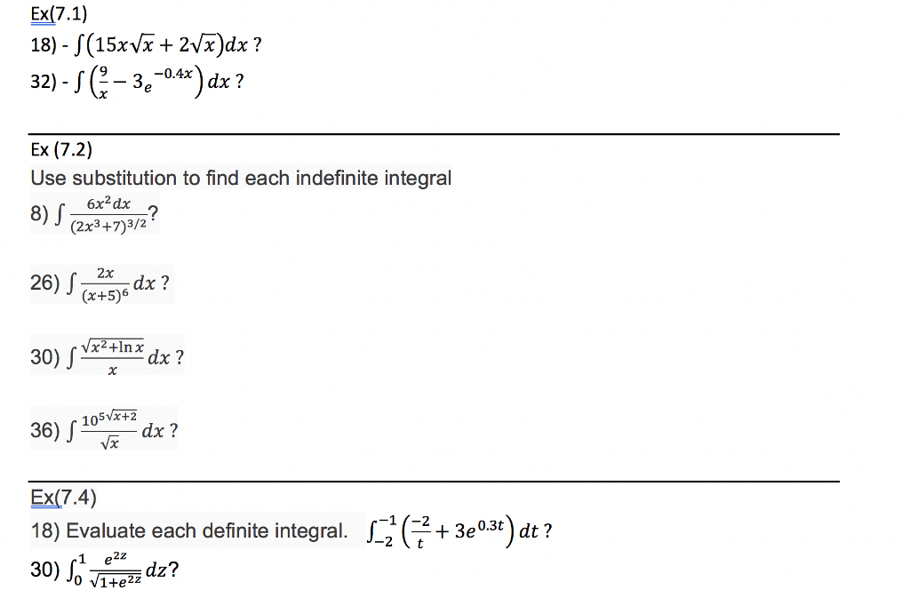 Solved Ex(7.1) 18) - f(15xVx + 2Vx)dx? 32)-j (-3., -04)dx? | Chegg.com